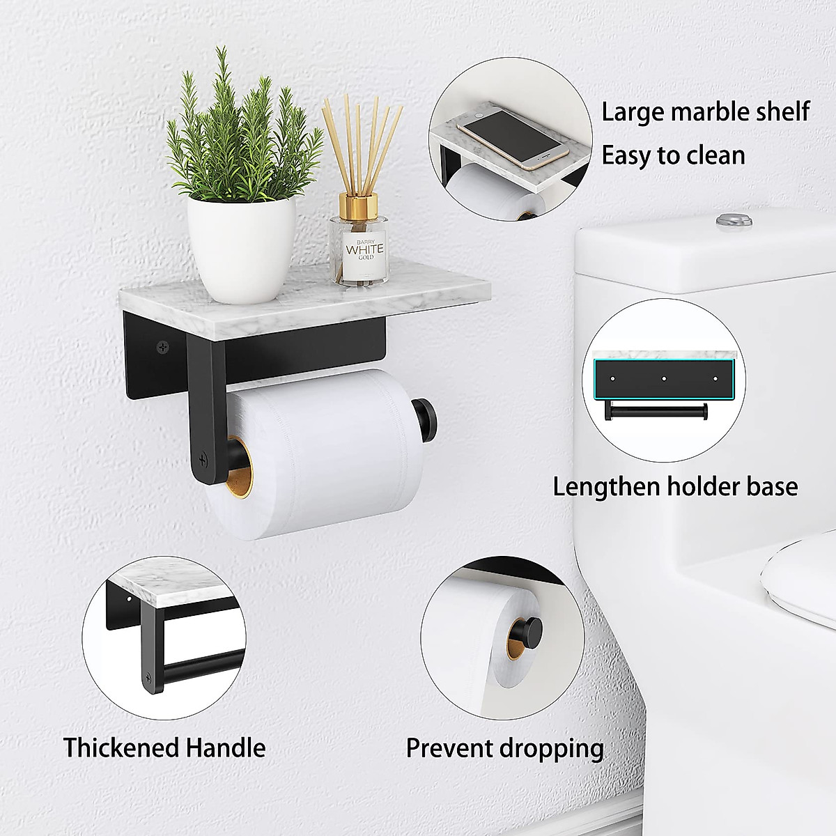 Gypie Marble Toilet Paper Holder with Shelf, 304 Stainless Steel Screw Wall Mounted, Tissue Roll Holder for Bathroom Washroom Matte Black