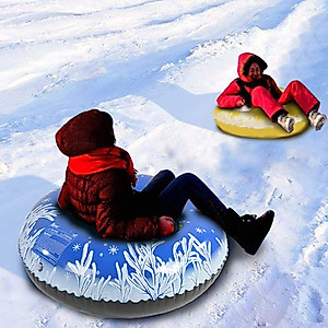 HIWENA Snow Tubes, Inflatable Snow Tubes for Family with 2 Higher Handles, Heavy Duty Snow Sled for Adults, and Snow Toy for Kids, 48 and 37 Inch Snowflake Snow Tubes (2 Pack)