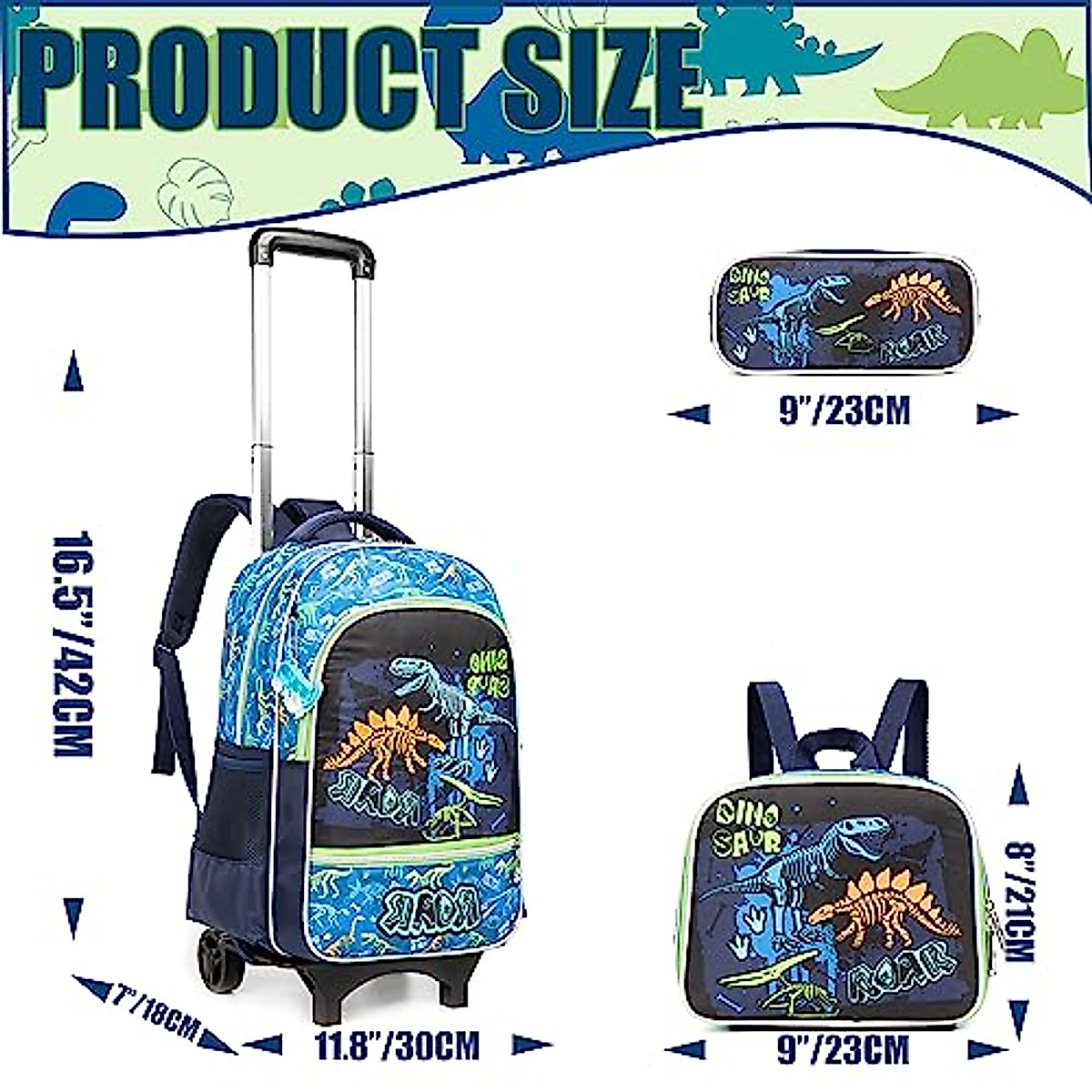 MYHSBYO Rolling Backpack Boys Kids Rolling Backpack Dinosaur Backpack with Wheels for Boys Wheeled Backpack Carry on Luggage Bookbag with Roller Set for Elementary