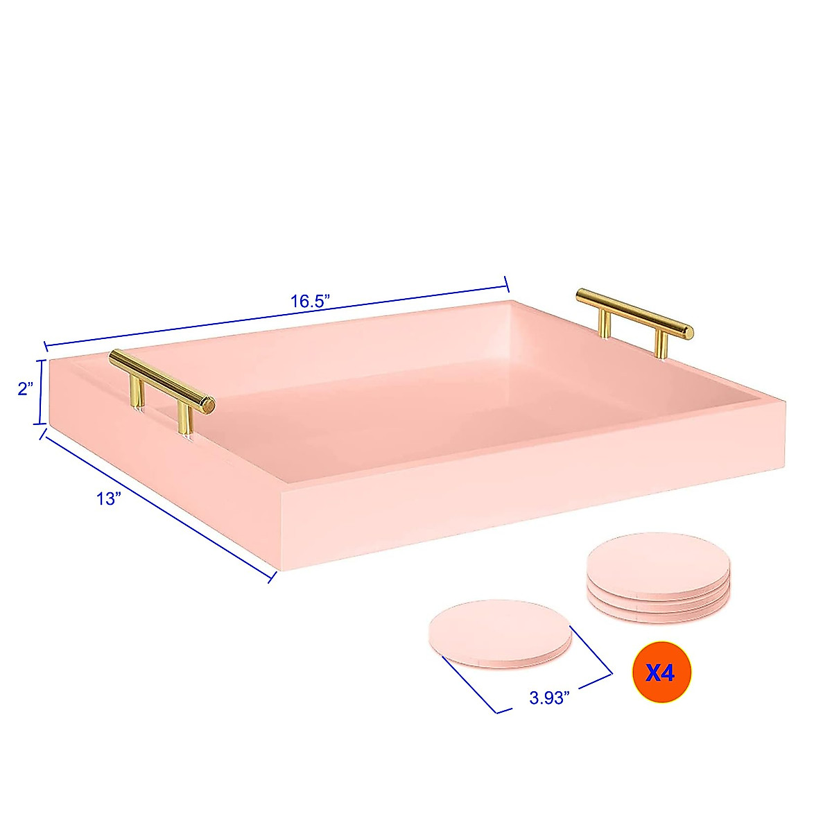 Juleduo Serving Tray, Deluxe Tray for Coffee Table with Polished Metal Handles and 4 Coasters, Living Room Bathroom Coffee Bar Organizer Modern Decorative Tray, for Storage and Display (Pink)