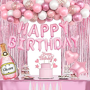 Pink Birthday Party Decorations, Happy Birthday Banner Tablecloth Cake Toppers Fringe Curtain Tassels Pink and White Confetti Foil Balloons for Girls Women Wedding Baby Shower Party Supplies
