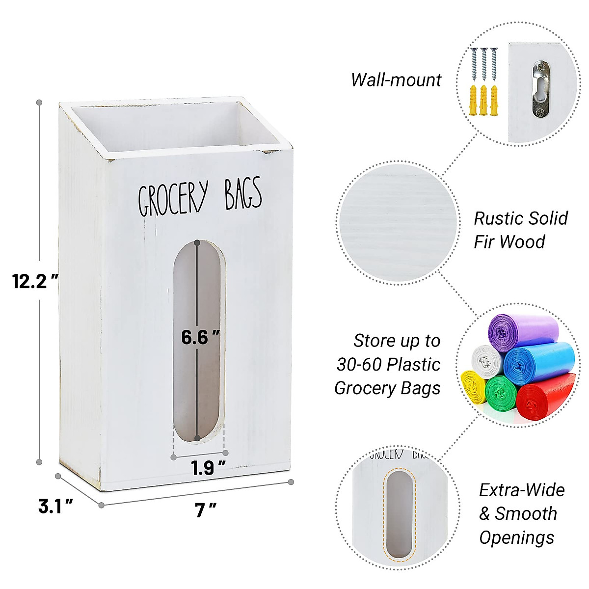 Farmhouse Wooden Grocery Plastic Bag Holder and Dispenser, Wall Mount Plastic Bag Holder with Extra-Wide & Easy-Access Openings, Garbage Bag Dispenser Anti-Fingerprint Rustic White Finish Bags Saver