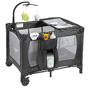Kinder King 3 in 1 Portable Nursery Center, Foldable Playard for Baby & Toddler, Infant Pack n Play w/Bassinet, Removable Mattress, Newborn Changing Table, Travel Bag, Music Box, Storage Basket, Grey