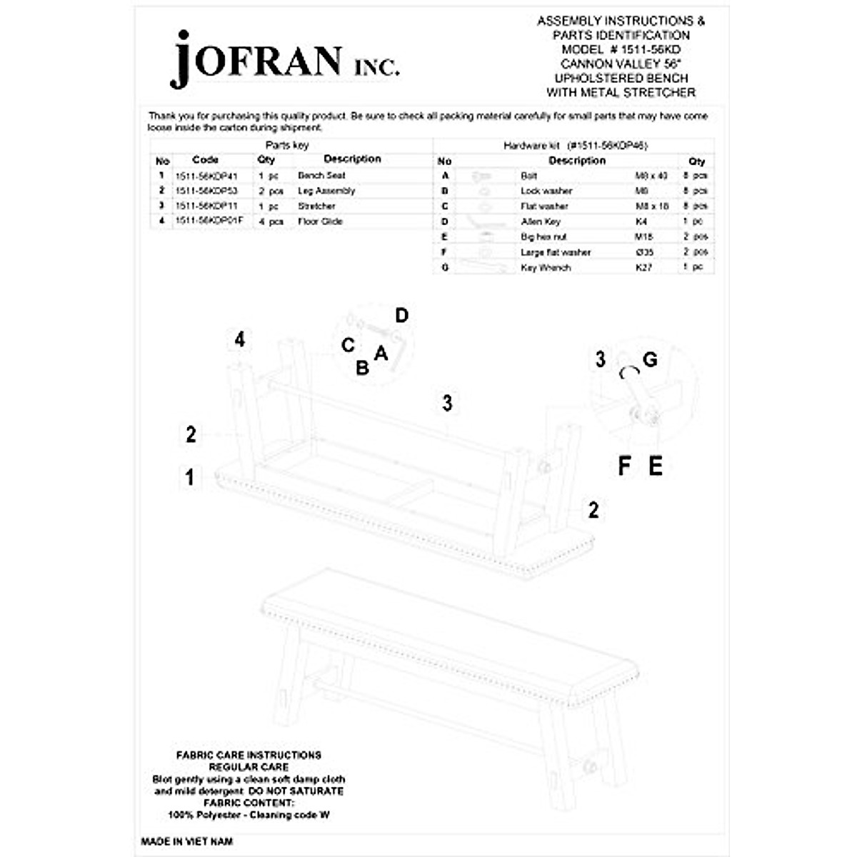 Jofran Cannon Valley Dining Bench, 56" W X 15" D X 19" H, Finish, (Set of 1)