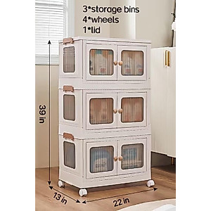 Storage Bins,Plastic Storage Containers with Lids, 8.55Gal Foldable Storage Cabinet, 34QT Collapsible Storage Bins with Doors, Clear Storage Box for Toy, Stackable Storage Bin with Wheels(3 Pack)