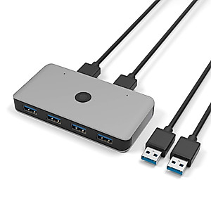 Cateck USB 3.0 Aluminum Sharing Switch Selector 4 Port 2 Computers Peripheral Switcher Adapter Hub for PC, Printer, Scanner, Mouse, Keyboard with One Button Swapping and 2 Pack USB 3.0 Male Cable