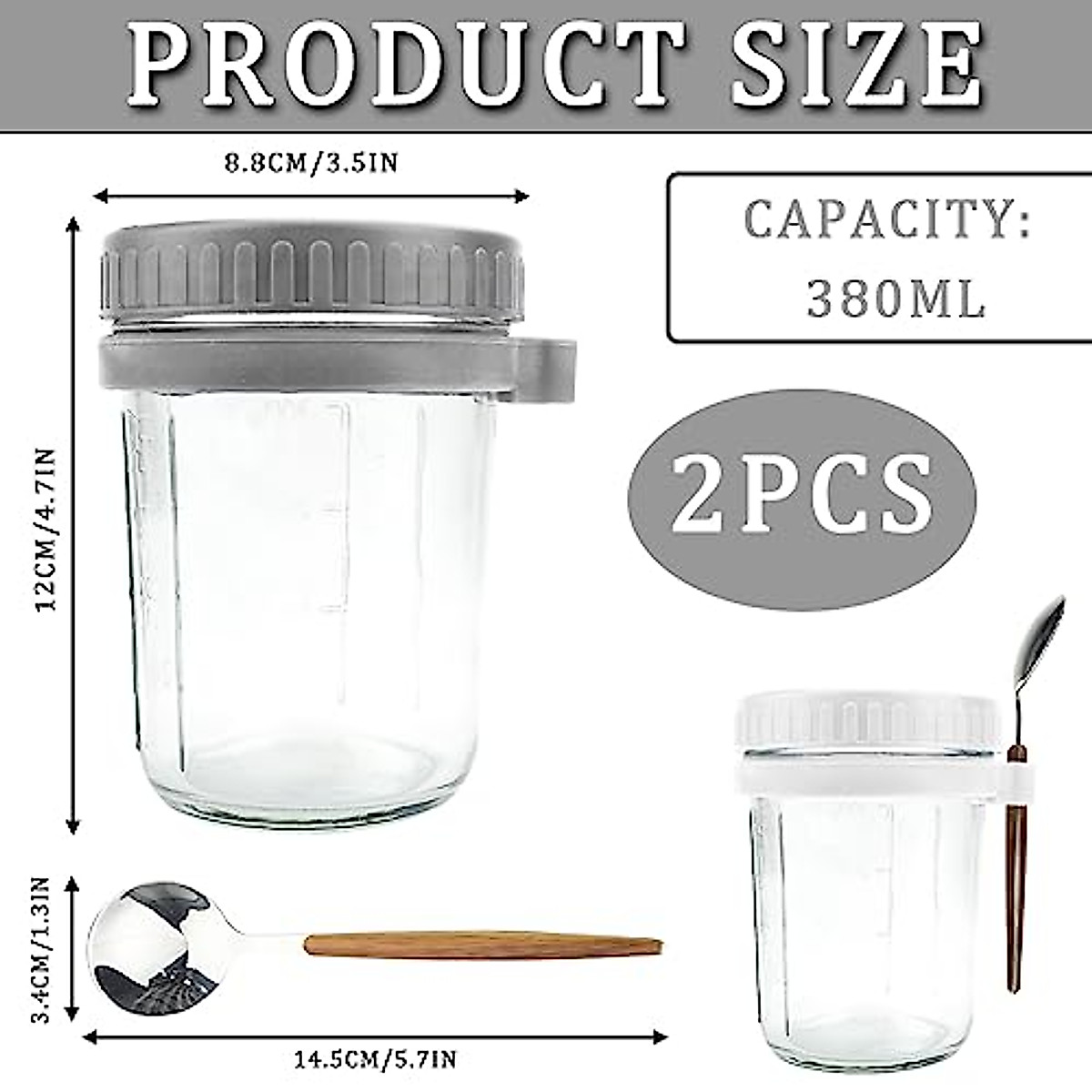 TSLBW 2 Pcs Overnight Oats Jars with Lid and Spoon 12 oz Glass Mason Overnight Oats Jars Breakfast Jars Overnight Oats Container with Measurement Marks Overnight Oats Pot for Milk Cereal Fruit