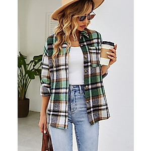 ClearFlower Womens Fall Fashion 2022 Plaid Shackets Flannel Jacket Casual Long Sleeve Button Collared Neck Oversized Shirts Green L