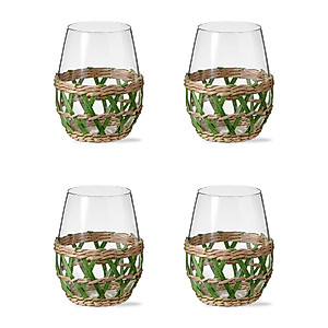 TAG Perfectly Clear Island 16 ounce Glass Stemless Wine Tumbler with Green Lattice Sleeve Set of 4