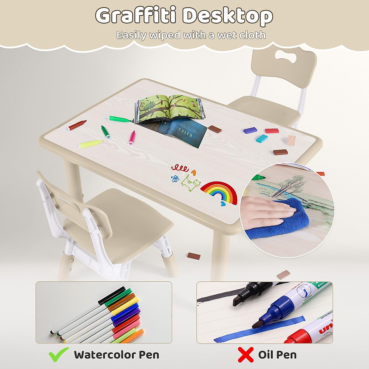 DOREROOM Kids Table and 2 Chairs Set, Height Adjustable (17.7"-26.1") Toddler Table and Chair Set, Multi-Activity Table with Graffiti Desktop, Children’s Table and Chairs for Classroom, Home & Daycare