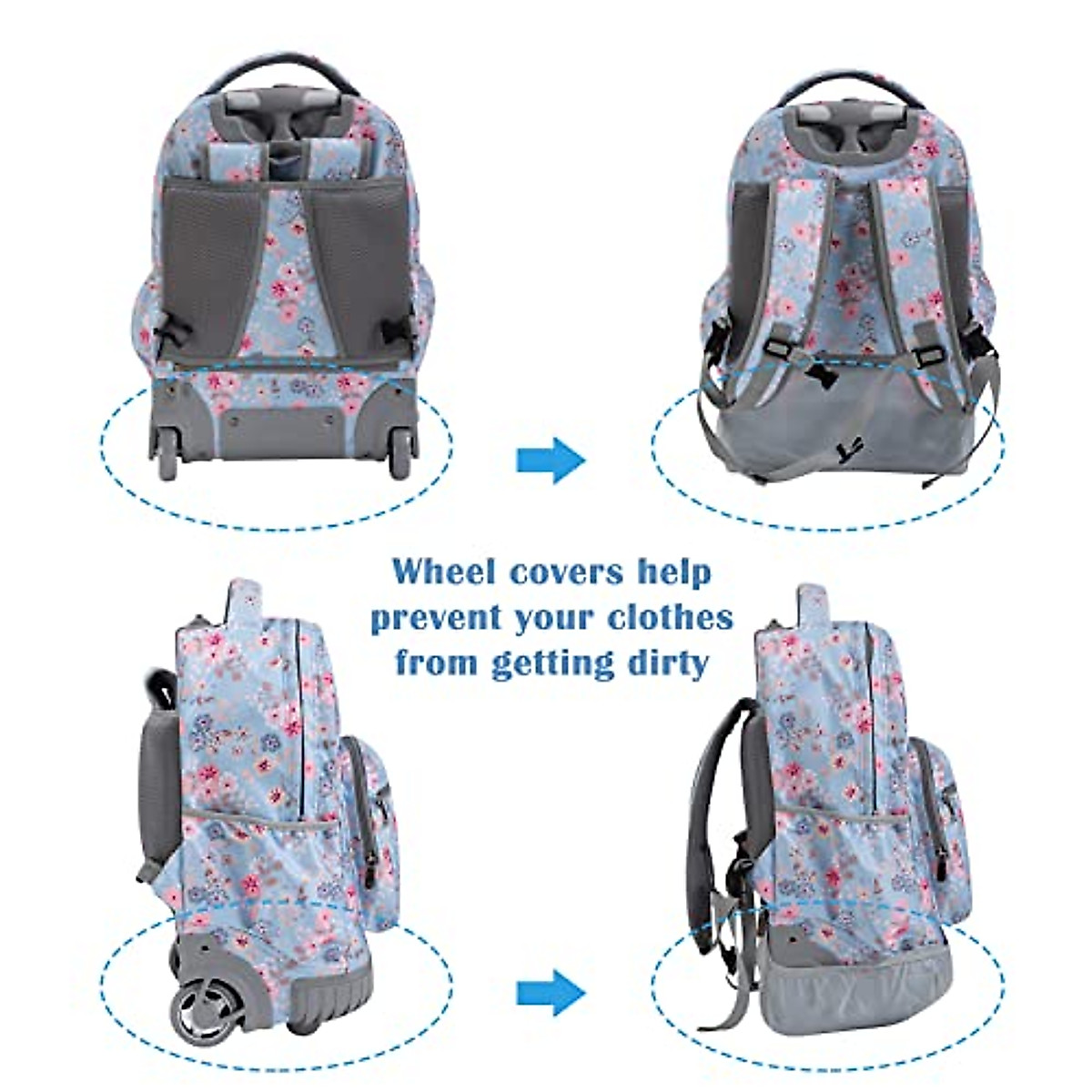 SKYMOVE 18 inches Wheeled Rolling Backpack Multi-Compartment Elementary Books Laptop Roller Bag Short Trip Carry-on for Women and Girls, Light Blue Flowers