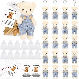20 Sets Miniature Bear with Clothes Stuffed Plush Bear Decorations, 4.7 Inch Bears Baby Shower Doll Favors Bear Hug Gift Card White Organza Bags for Guest Baby Shower Souvenirs Birthday Party (Blue)