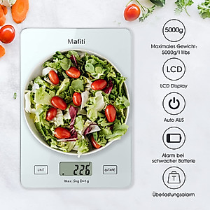 Kitchen Scale, Mafiti Digital Kitchen Scales 11lb/5kgX1g, Multifunction Measures in Kg, g, lb and OZ Digital Kitchen Weight for Food, Cooking and Baking，LCD Display（Silver）