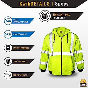 KwikSafety - Charlotte, NC - PATROL Safety Jacket [NO FUZZ Balls] Class 3 ANSI Tested OSHA Compliant Reflective Mens Fleece Hoodie/Yellow XL