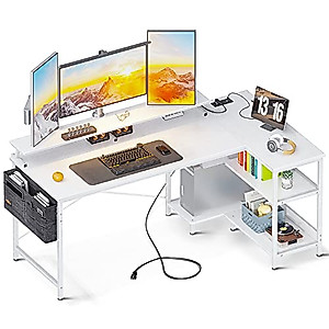 ODK 58 Inch Computer Desk with USB Charging Port & Power Outlet, L-Shaped Corner Desk with Storage Shelves & Monitor Shelf for Home Office Workstation, Modern Writing Table, White