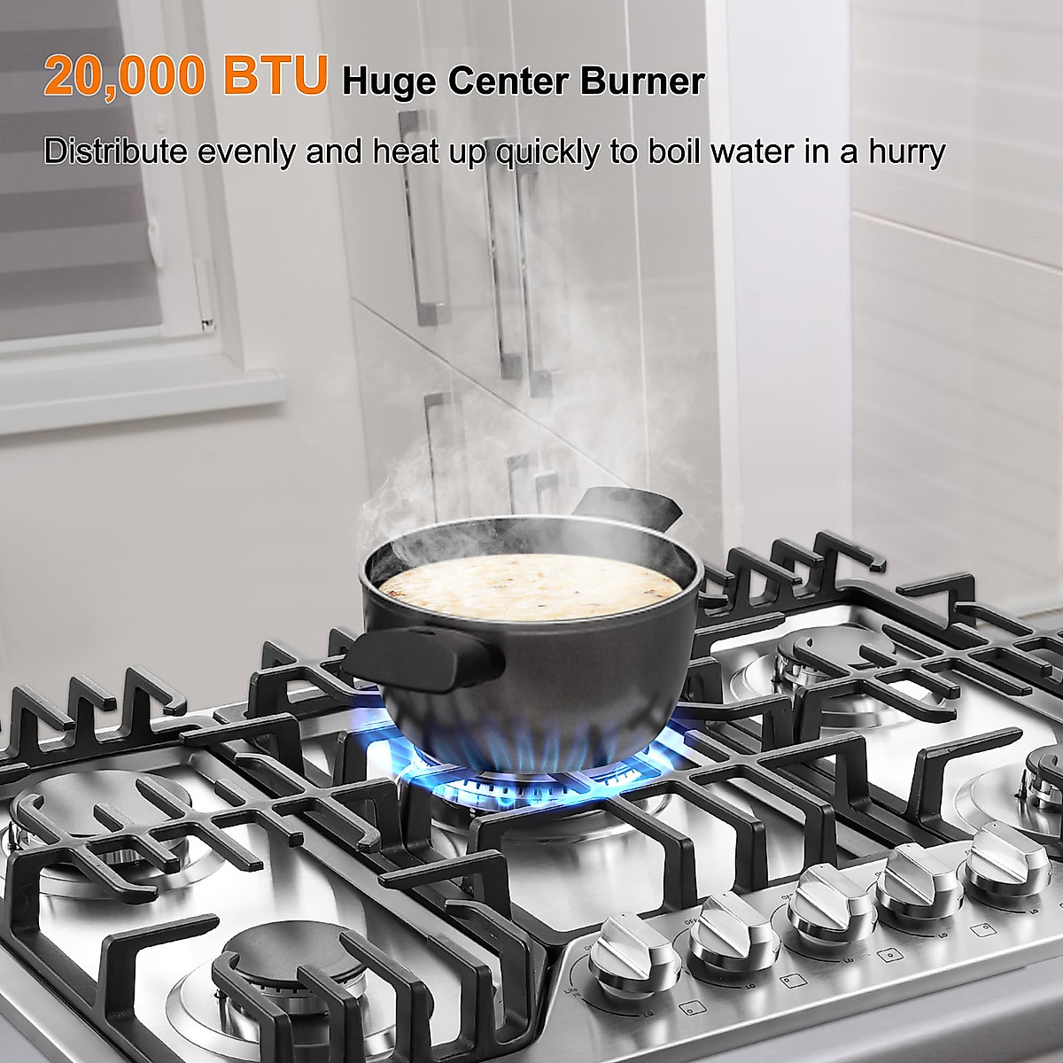 30 Inch Bulit-In Gas Cooktop with Griddle, 5 Italy SABAF Powerful Burners Over 92% High Efficiency, Max 48300BTU Gas Stove Top, 304 Stainless Steel Panel, NG/LPG Convertible, CSA Certified
