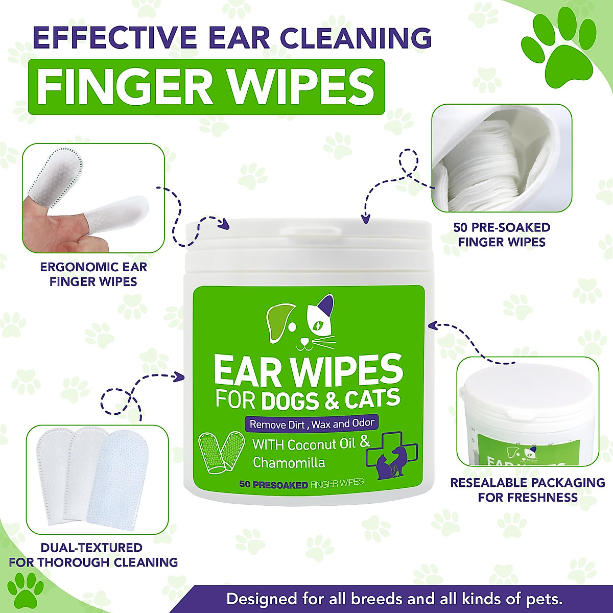 Pet Ear Wipes for Dogs and Cats - Dog Ear Cleaner Wipes, Cleaning and Deodorizing - Remove Debris & Wax, Improve Ear Itching, and Infections - 50 Count Finger Wipes