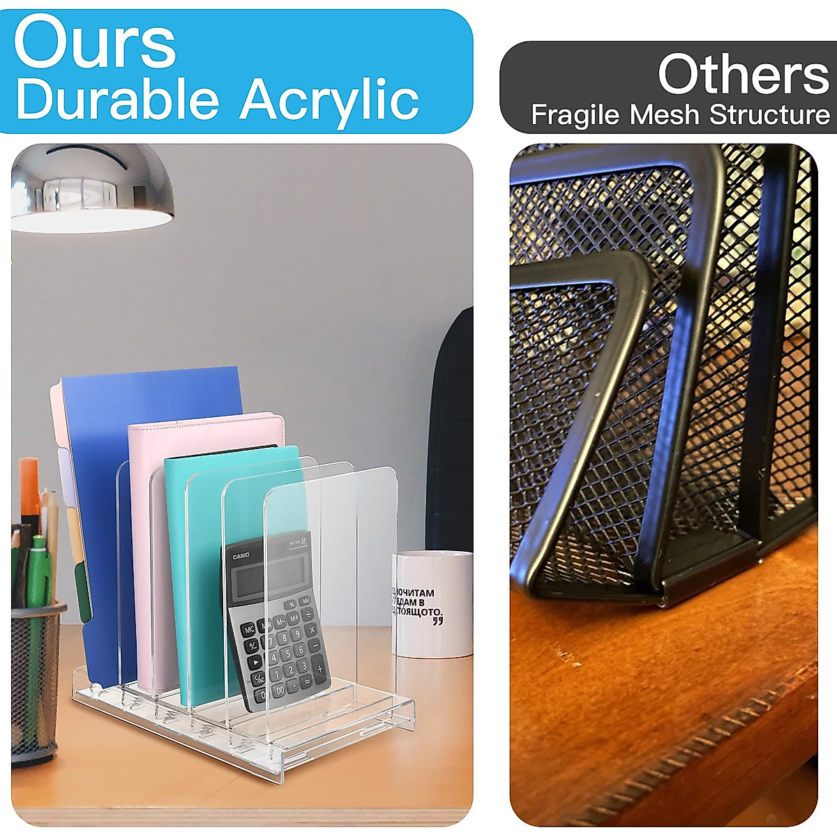 Homakover Acrylic Desk Organizer and File Organizer, 3 Slots Desktop File Organizer Standing Rack on Table for Magazines, Binders, Mails & CD Records Storage Holder with Detachable Dividers