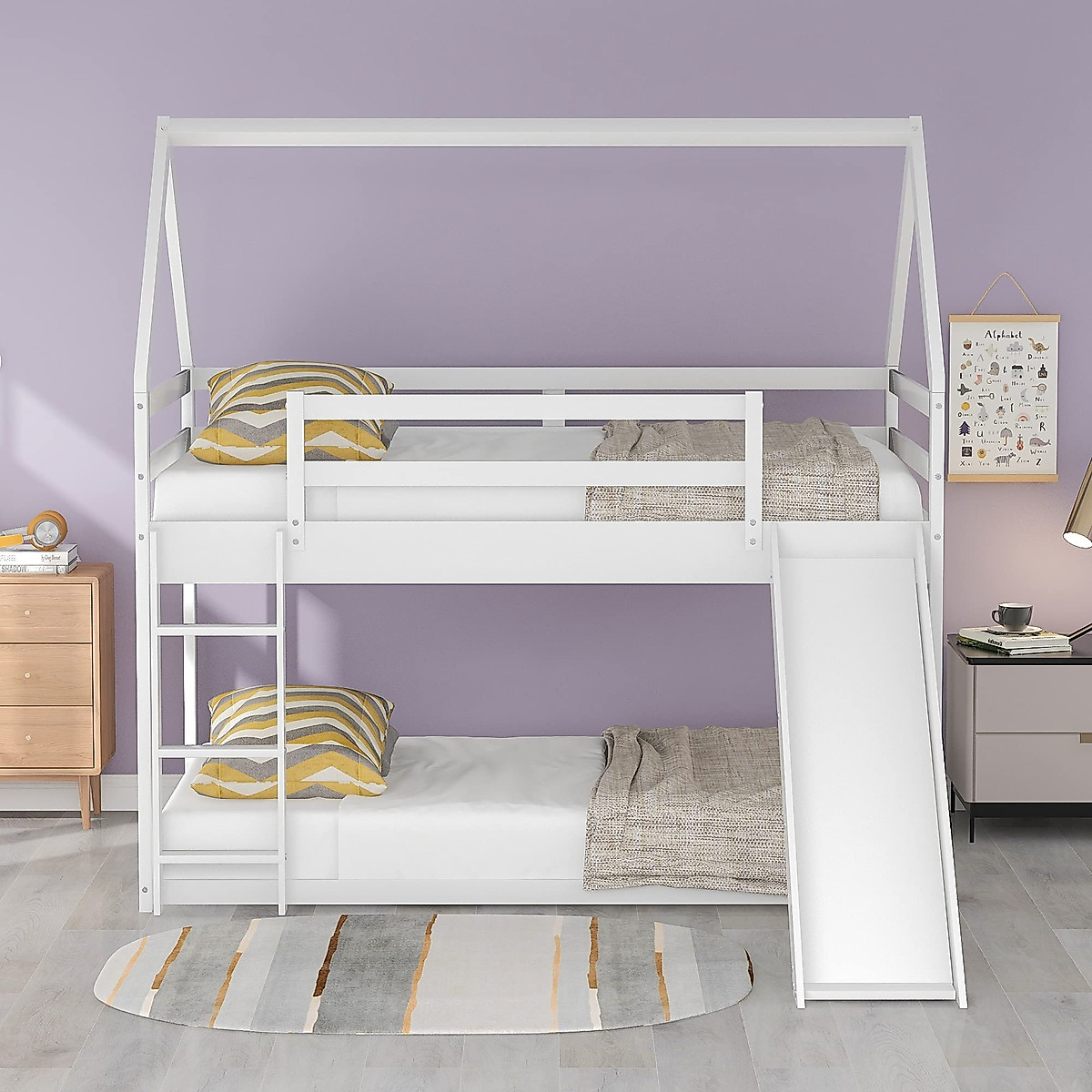 Harper & Bright Designs House Bed Bunk Beds with Slide, Wood Bunk Beds with Roof and Guardrail Twin Over Twin Bunk Bed for Kids, Toddlers, No Box Spring Needed (New, White)