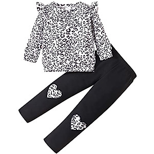 RETSUGO Little Girls 2 Piece Outfits White Leopard Aop Sweatshirts Ruffle Sleeve Toddler Shirt and Leggings Set Kids Clothes Girls Picture Day Outfits for School 8-9 Years old/6627