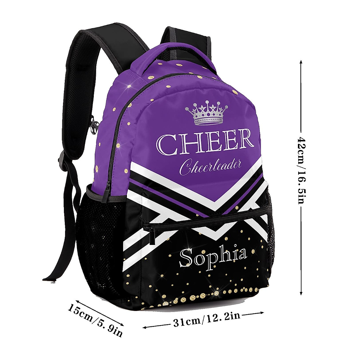 Personalized Print Cheerleader Cheer Purple Black Custom Backpack Waterproof Multifunctional Daypack with Name Gift