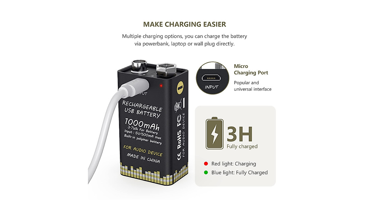 USB Rechargeable 9V Battery - Long Lasting Power