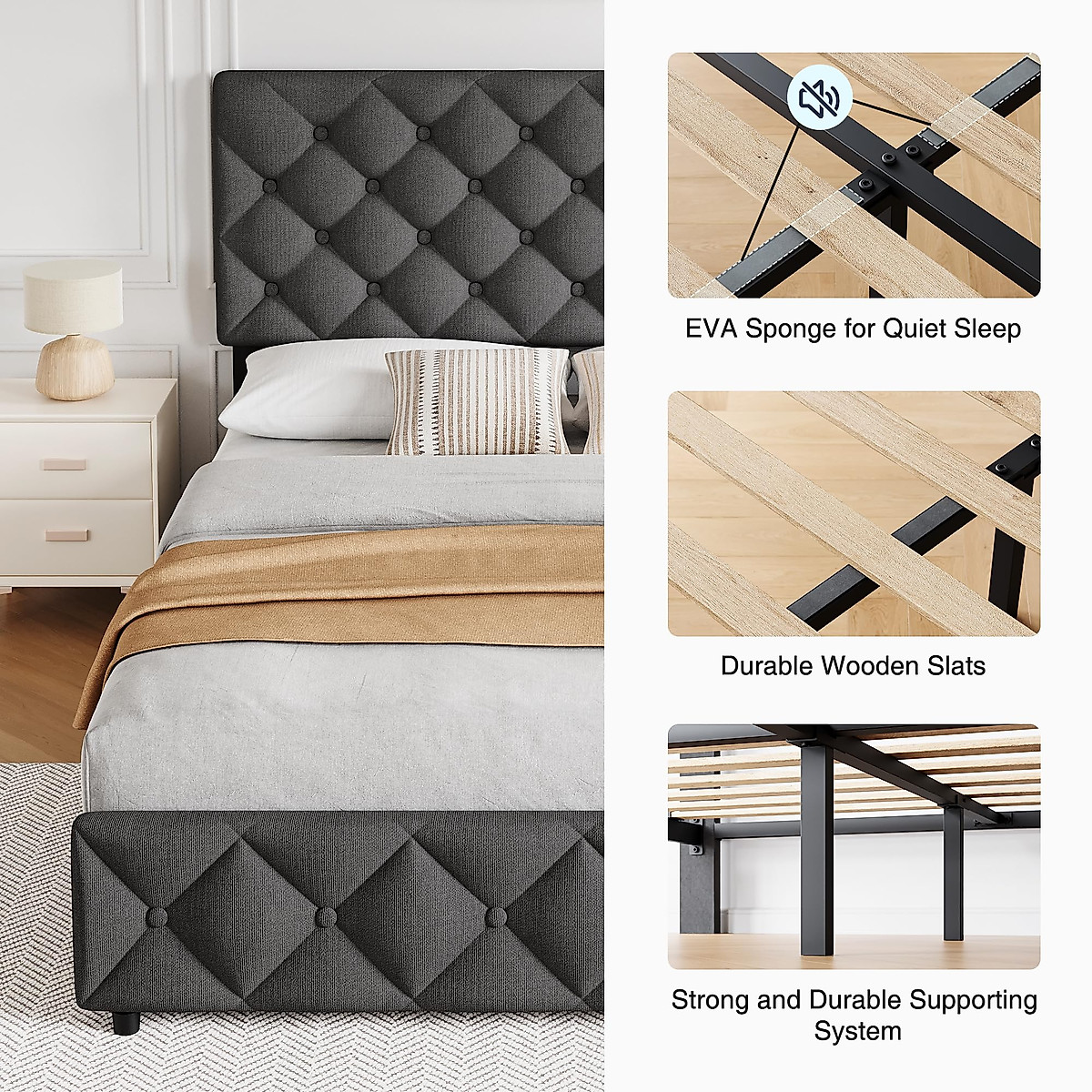 GAOMON Queen Size Bed Frame with 4 Storage Drawers and Headboard, Linen Upholstered Platform Bed Frame with Wooden Slats Support, Diamond Stitched Button Tufted, No Box Spring Needed, Dark Grey