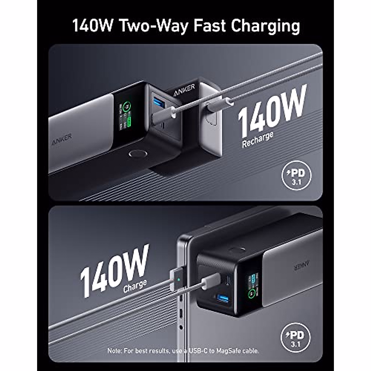 Anker 765 USB C to USB C Cable (140W 6ft Nylon), USB 2.0 Fast Charging USB C Cable & Anker 737 Power Bank (PowerCore 24K) for MacBook Pro 2021, iPad Pro, Samsung Galaxy S21, Pixel, and More.