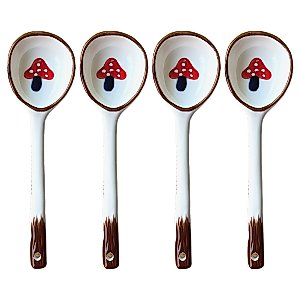 Bicuzat Vintage Ramen Soup Spoons, Ceramic Asian Soup Spoons Tablespoon, Rice Noodles Dinner Serving Spoon, Dessert Spoon, Ladles for Pho Miso Cereal Sauce Gravy Condiment, 4 PCS-Mushroom-6.6 Inch
