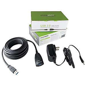 Plugable 5 Meter (16 Foot) USB 3.0 Active Extension Cable with AC Power Adapter, Back-Voltage Protection and Driverless Technology