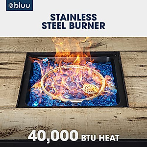 Bluu 32in Square Propane Fire Pit Table Gas Fire Pits for Outside with Blue Glass Beads, Faux Wood Fire Table Safe CSA Smokeless Firepit Great for Party on Patio & Balcony with Tank Cover