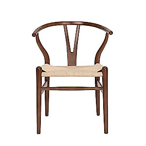 Polynices Wishbone Chair, Weave Modern Solid Wood Mid-Century Y Shaped Backrest Dining Chair (Walnut Set of 2)