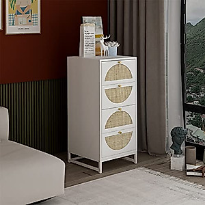 Natural Rattan Drawer Chest Storage Cabinet Suitable for Living Room and Bedroom, Bedroom Dresser with 4 Drawers for Small Space, Storage Tower Organizer Unit for Hallway/ Entryway/ Closets (White)