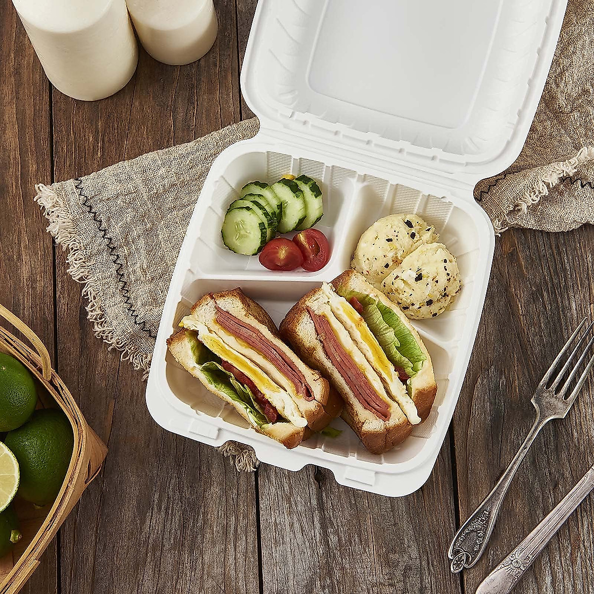 8X8" 3Compartment 50-Pack Plastic Clamshell Take Out Food Containers, Heavy Duty To-go Disposable Lunch Box For Cake, Sandwich, Salad, Dessert, Restaurant Meal Prep Packaging Catering Hinged Container