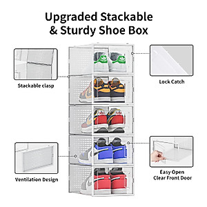 12 Pack Shoe Organizer Storage Bins, Clear Plastic Stackable Shoe Boxes for Closet, Space Saving Foldable Shoe Storage Bins, Sneaker Storage Shoe Box Container, White Frame