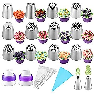 Suuker 27 Pcs Russian Piping Tips Set, Cake Decorating Tips Baking Supplies for Cupcake Cookies Birthday Party (12 Icing Tips 10 Pastry Baking Bags 2 Leaf Piping Tips 2 Couplers 1 Silicone Bag)