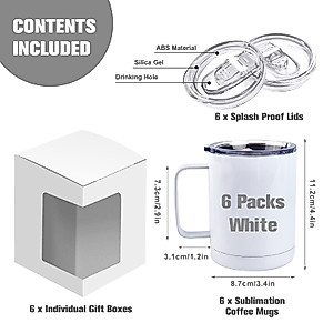 BetterSub 12oz Sublimation Tumbler Mugs with Handle and Sliding Lid, Display Box, Stainless Steel Coffee Camping Mugs Double Wall Vacuum Insulation Sublimation Blank, 6 Packs White