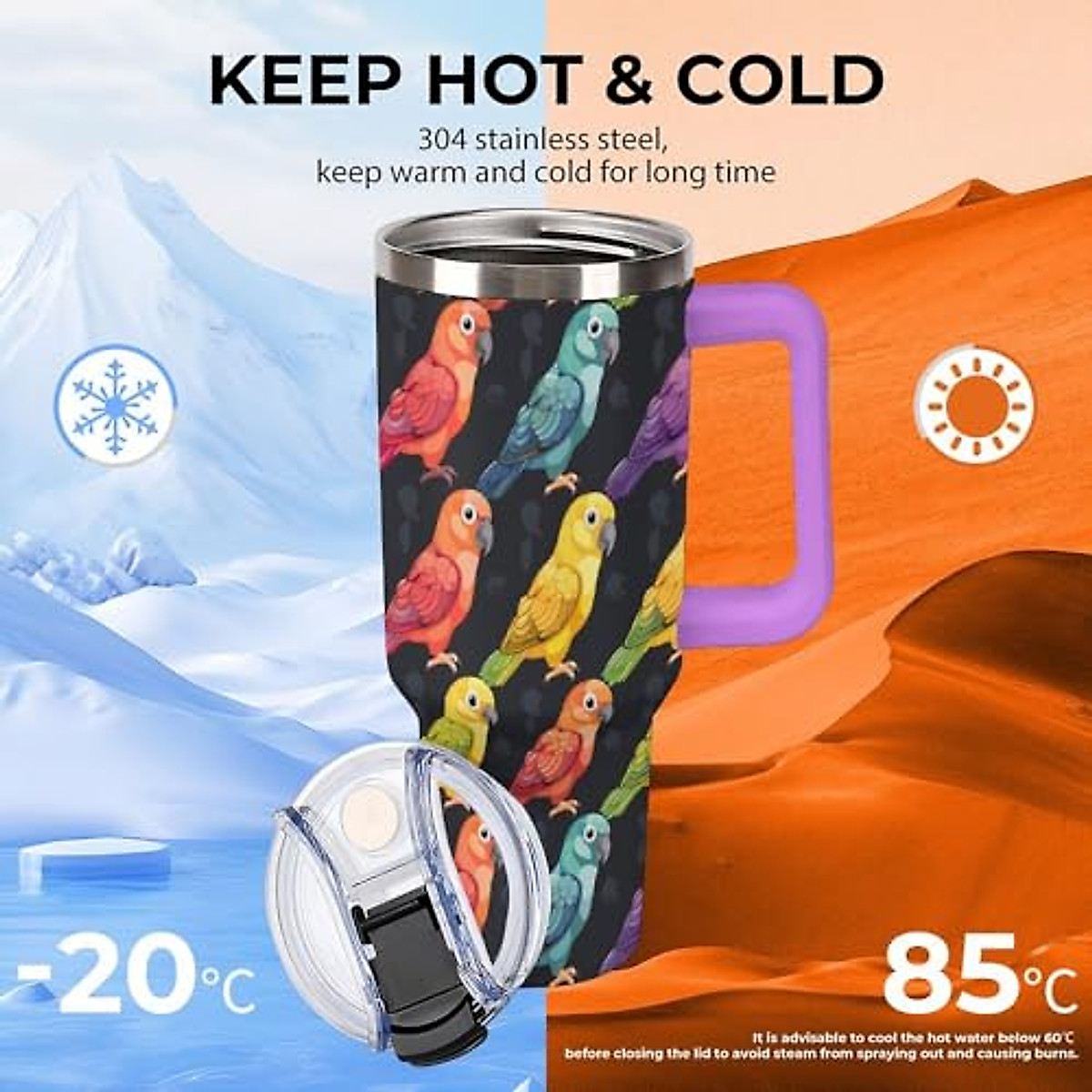 Conures Colorful Parrot 40 Oz Tumbler Insulated Stainless Steel Water Bottle Travel Mug Car Cup with Handle And Straw