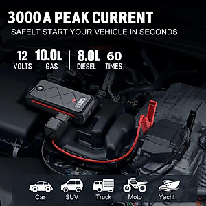 Acmount P100 Car Jump Starter, 3000A Peak Lithium Jump Starter Battery Pack for Up to 10.0L Gas or 8.0L Diesel Engine, Safe 12V Portable Battery Starter Power Pack with LED Screen & LED Light