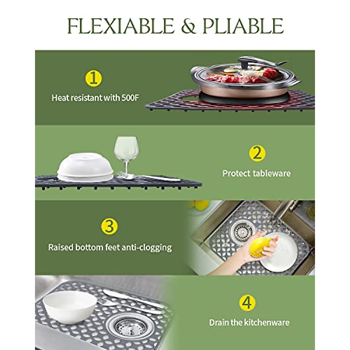 Silicone Sink Mat - Sink Protectors for Kitchen Sink Kitchen Sink Protector Grid Accessory Folding Non-slip Sink Mats Sink Rack for Bottom of Sink(1Pack - Rear Drain Mat - Grey,13.58 ''x 11.6 ''）