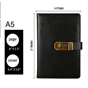 IPENNY A5 Vintage Leather Journal with Combination Lock Digital Password Journal with Bookmark Pen Loop Retro Privacy Notebook Writing Travel Diary Locking Journal, 100 Sheets (#1,Black)