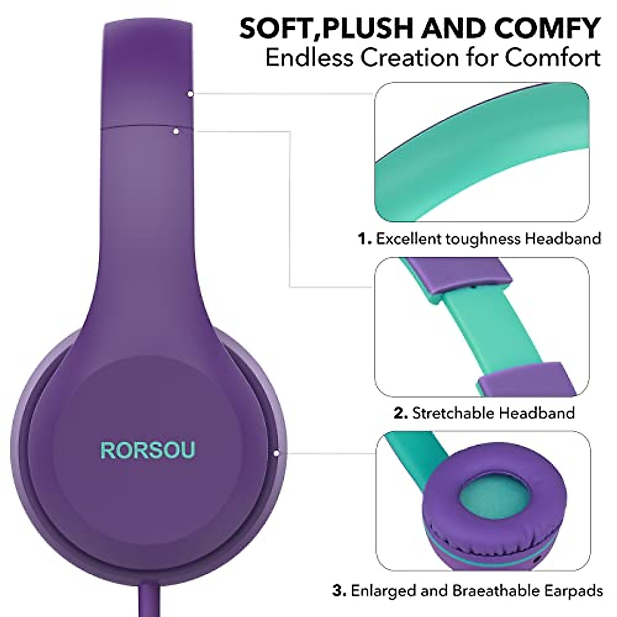 RORSOU K5 Kids Headphones with Microphone for shchool, Volume Limiter 85/94dB, Foldable Stereo Tangle-Free 3.5mm Jack Wired Cord On-Ear Headphones for Children/Boys/Girls/Kindle/Tablet/MP3/4 (Purple)