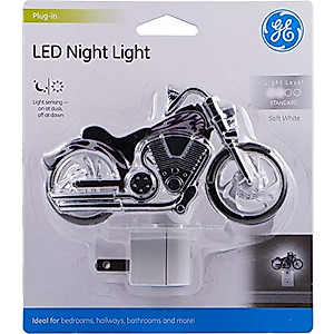 GE LED Motorcycle Night Light, Plug-In, Dusk-to-Dawn Sensor, Auto On/Off, Energy-Efficient, Soft White, Flames & Chrome Design, Ideal for Bedroom, Playroom, Bathroom, & More, Black/Silver, 10904