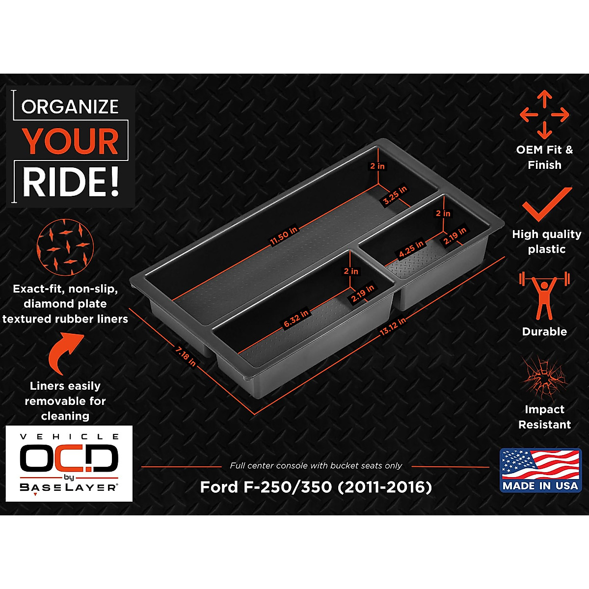 Vehicle OCD - Center Console Organizer Tray for Ford F250 / F350 SuperDuty (2011-2016) - Made in USA