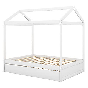 BIADNBZ Full Size House Platform Bed Frame with Trundle and Support Legs for Kids Bedroom, Wooden Playhouse BedFrame, Easy Assembly,White