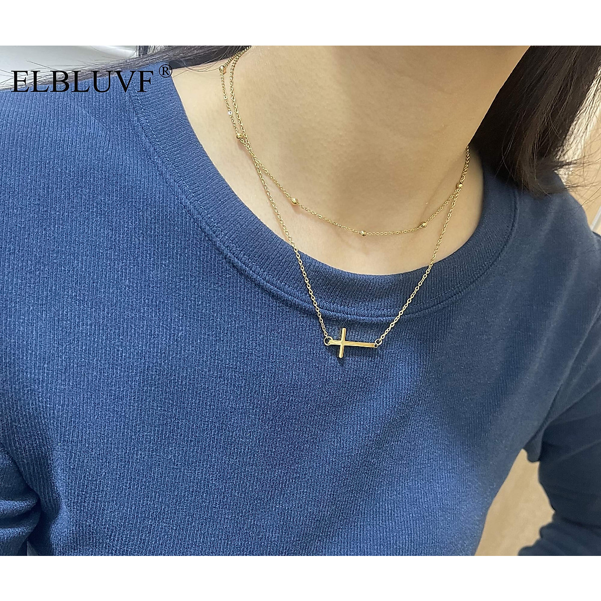 ELBLUVF Stainless Steel Gold Rose Gold Silver Plated Dainty Beads Sideways Cross Double Layers Necklace For Women (Gold 2 layers cross)