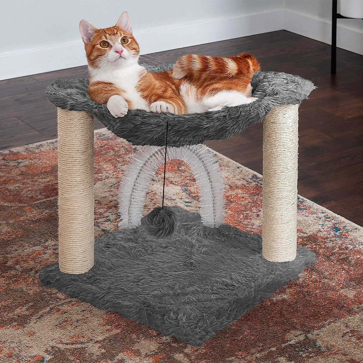 Furhaven 15.75" Tall Playground for Indoor Cats, Ft. Sisal Scratching Posts, Self-Grooming Brush, & Toy - Tiger Tough Hammock Interactive Playground - Silver, One Size