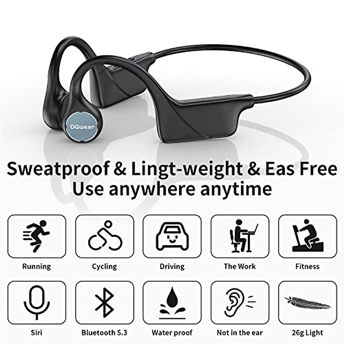 Bone Conduction Headphones,Bluetooth 5.3 Headphones with Built-in mic,Wireless Open-Ear Headphones, IPX7 Waterproof Sport Headset for Running Cycling Workout Gym,New in 2022（Black）