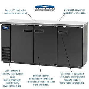 Arctic Air ABB72 73" Three Solid Doors Back Bar Refrigerator, 20.7 Cubic Feet, Stainless Steel, Black, 115v