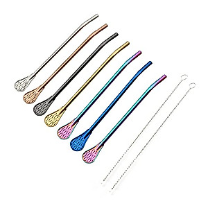 Reusable Straws Spoon for Yerba Mate Stainless Steel Straw Spoon Filter Strainers for Loose Tea, Coffee Stirrers, Smoothie Slushy Straws, 9 Pcs 6 Colors with 2 Cleaner Brushes